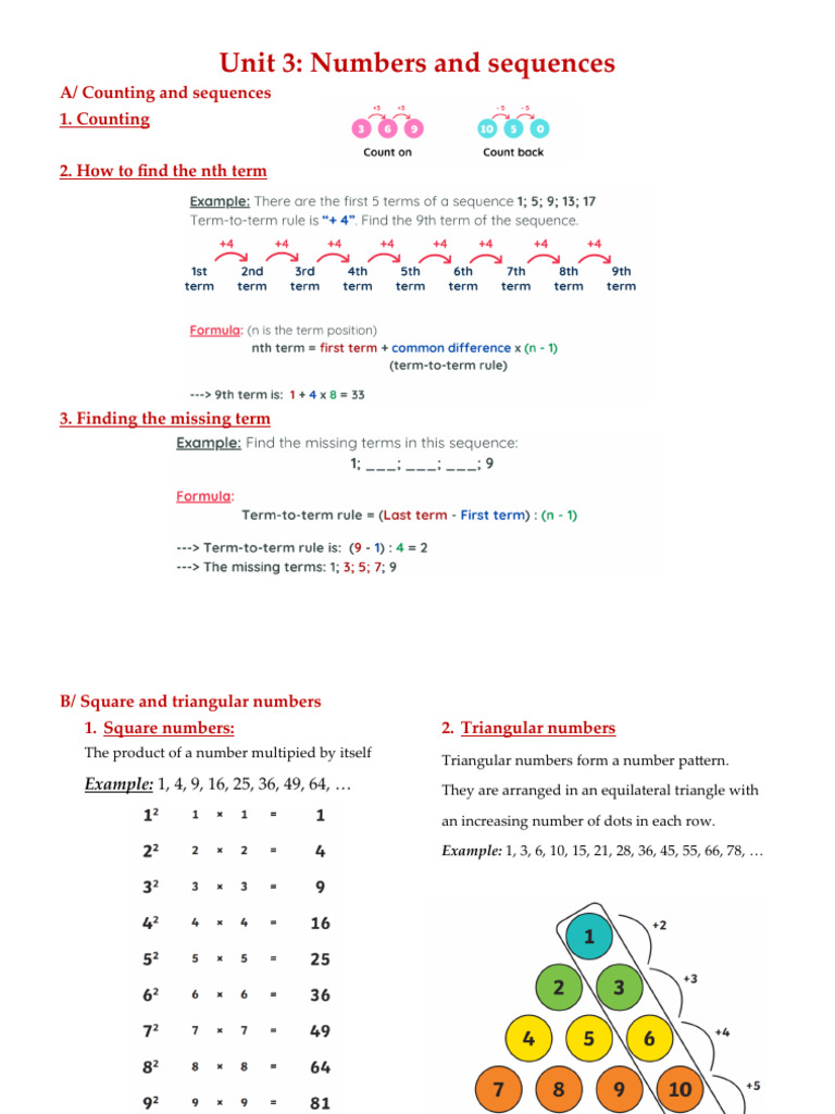 Unit 3: Numbers and Sequences: A/ Counting and Sequences 1. Counting 2. How To Find The NTH Term ...