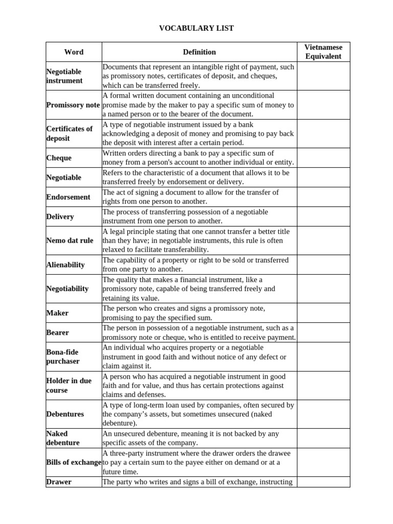 Vocabulary List Unit 12 - Student | PDF | Negotiable Instrument ...