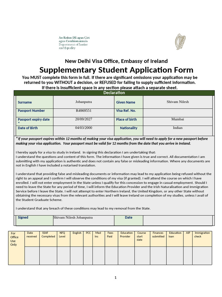Supplementary Student Application Form 2020 | PDF | Cost Of Living | Travel Visa