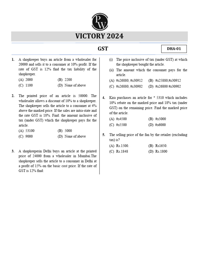 GST - Daily Home Assignment 01 - (Victory 2024 - ICSE) | PDF | Value ...