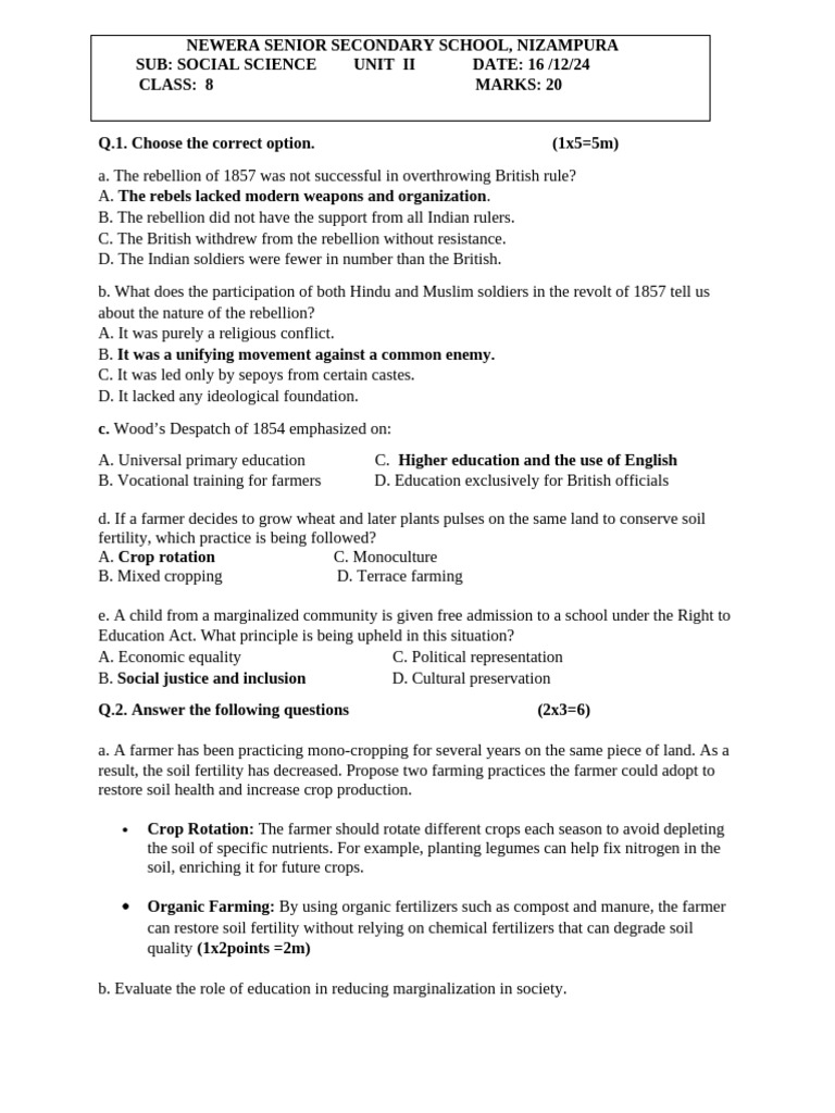 UNIT TEST 2 CLASS 8 | PDF | Soil | Agriculture