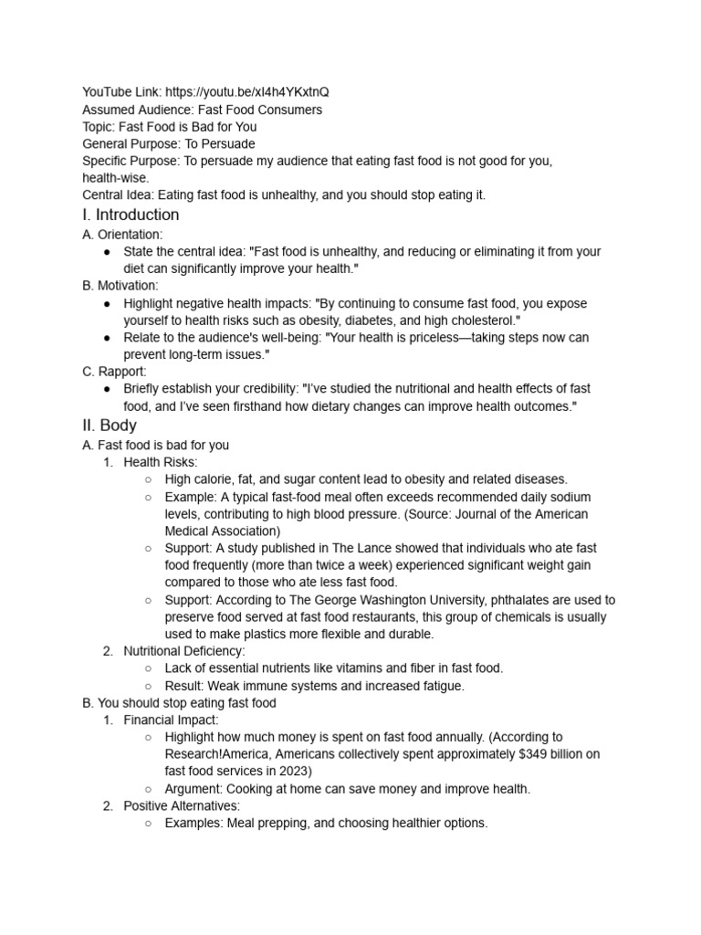 Fast Food Persuasive Speech | PDF | Fast Food | Obesity