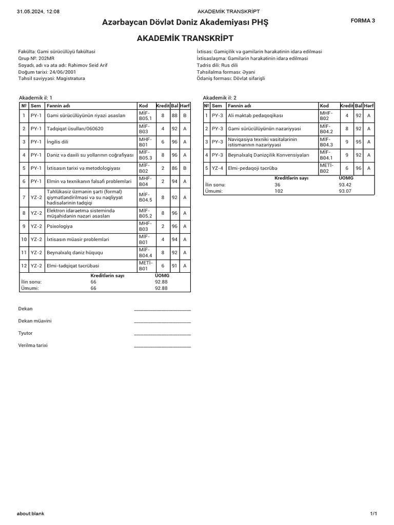 Akademi̇k Transkri̇pt | PDF