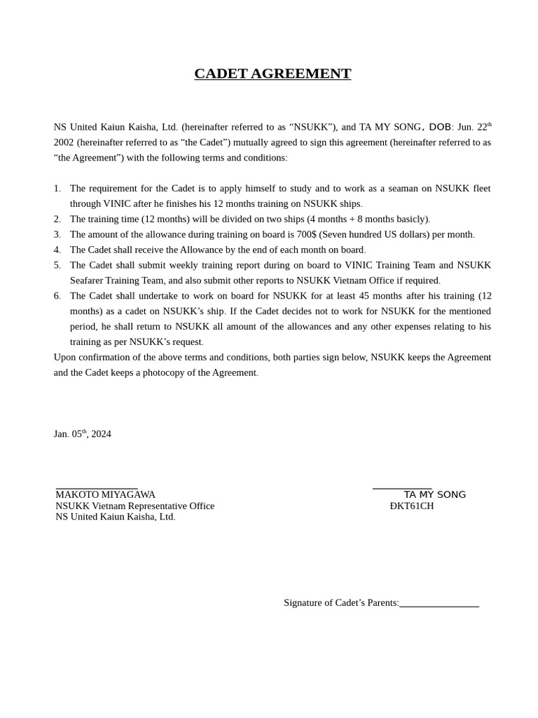 Cadet Agreement Updated (5 Years) - 2023 | PDF