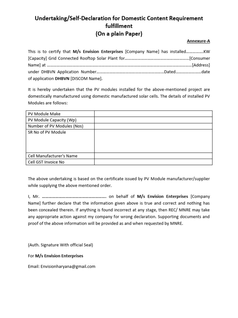 Undertaking/Self-Declaration For Domestic Content Requirement Fulfillment (On A Plain Paper) | PDF