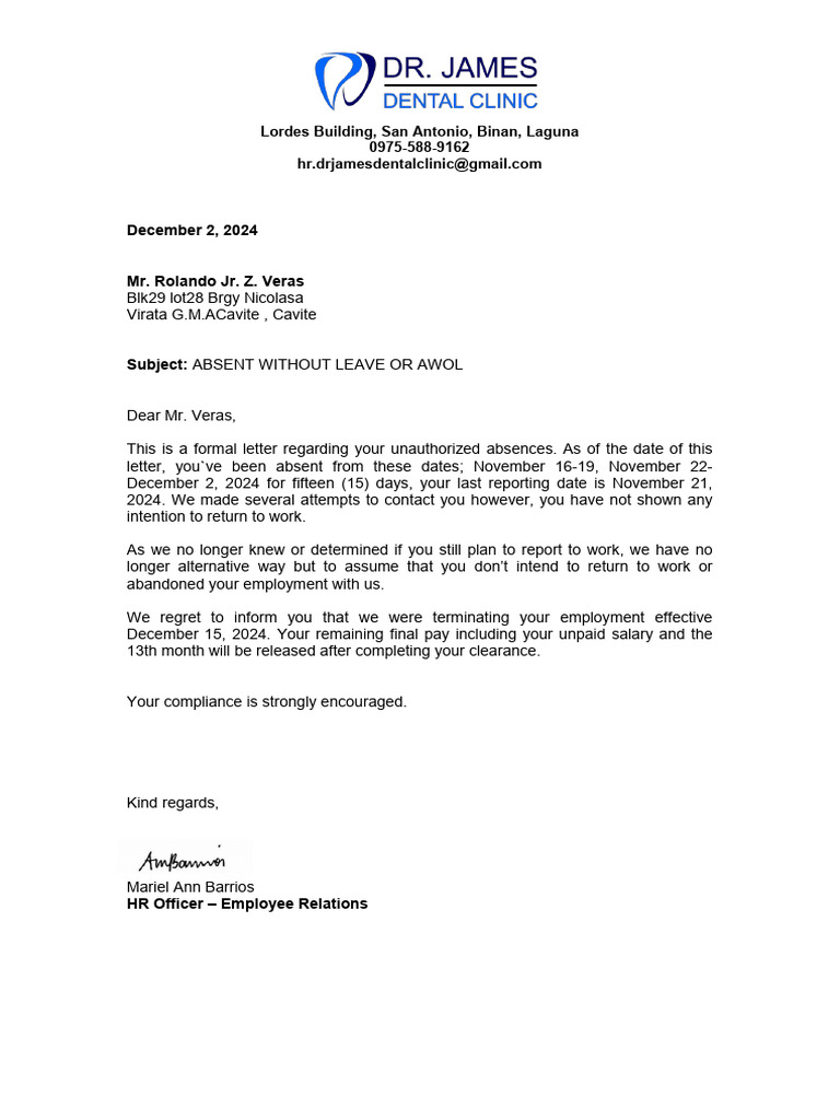 AWOL Termination Notice Letter | PDF