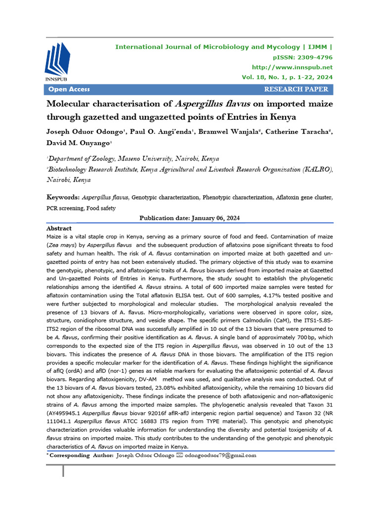 Aflatoxin Risk in Imported Maize: A. flavus Study | PDF | Polymerase Chain Reaction | Gel ...