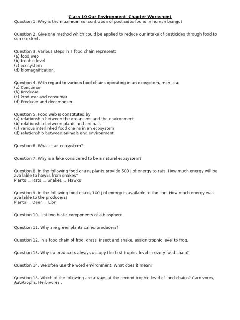 Class 10 Our Environment Chapter Worksheet | PDF