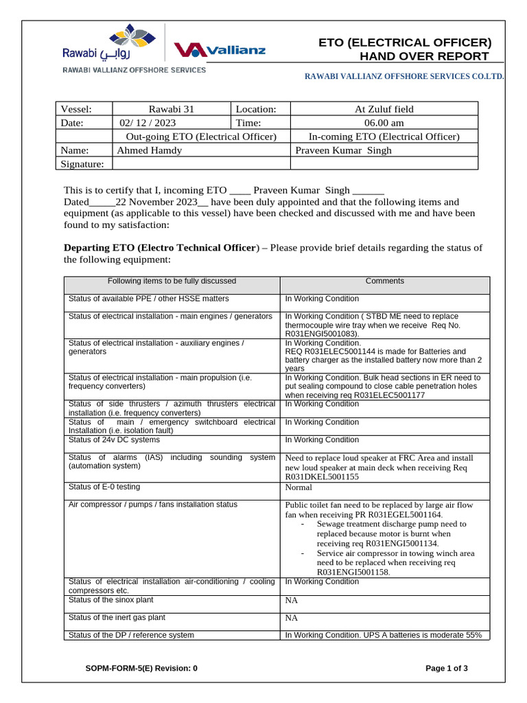 SOPM-FORM-05 (E) ETO Hand-Over Report Rev 0 | PDF | Electrical Engineering | Manufactured Goods