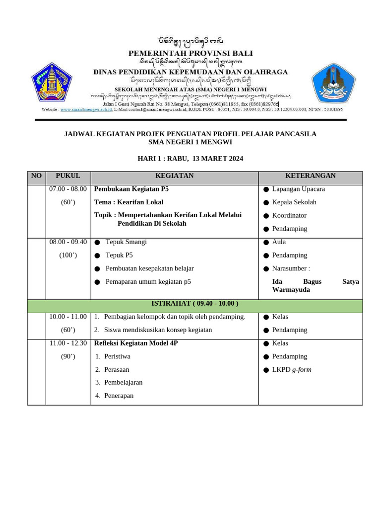 Jadwal Siswa P5 Kearifan Lokal FIX | PDF