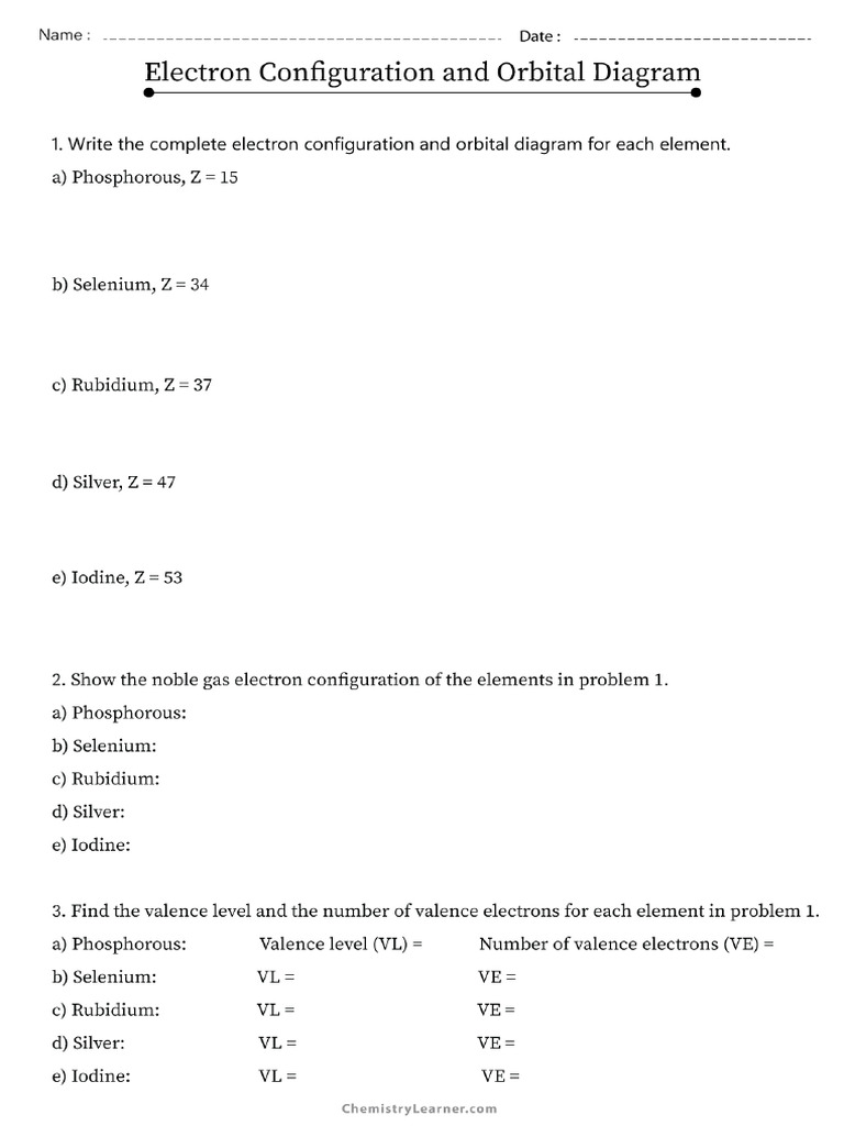 Orbital Diagrams and Electron Configuration Worksheet | PDF