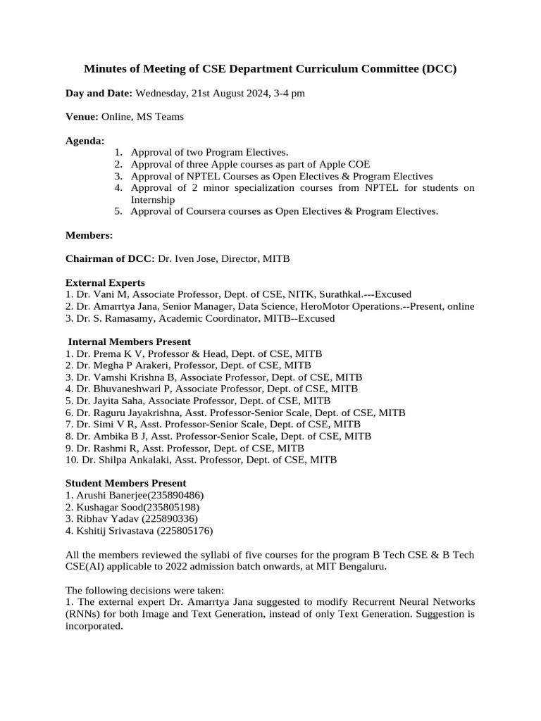 MoM DCC Meeting 21-8-2024 | PDF | Computational Science | Computer Science