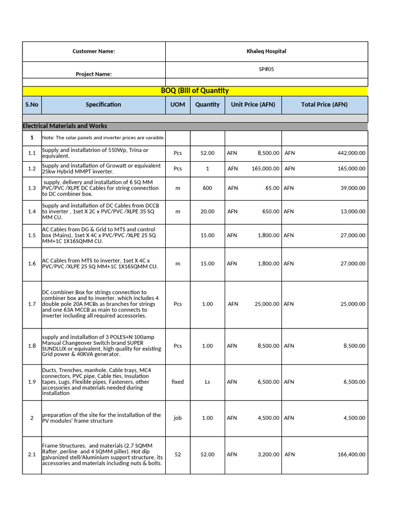 Hybrid Solar Power System BoQ | PDF | Manufactured Goods | Power (Physics)