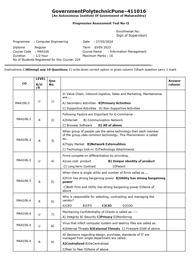 Answer Key UT-2 | PDF | Computing | Business