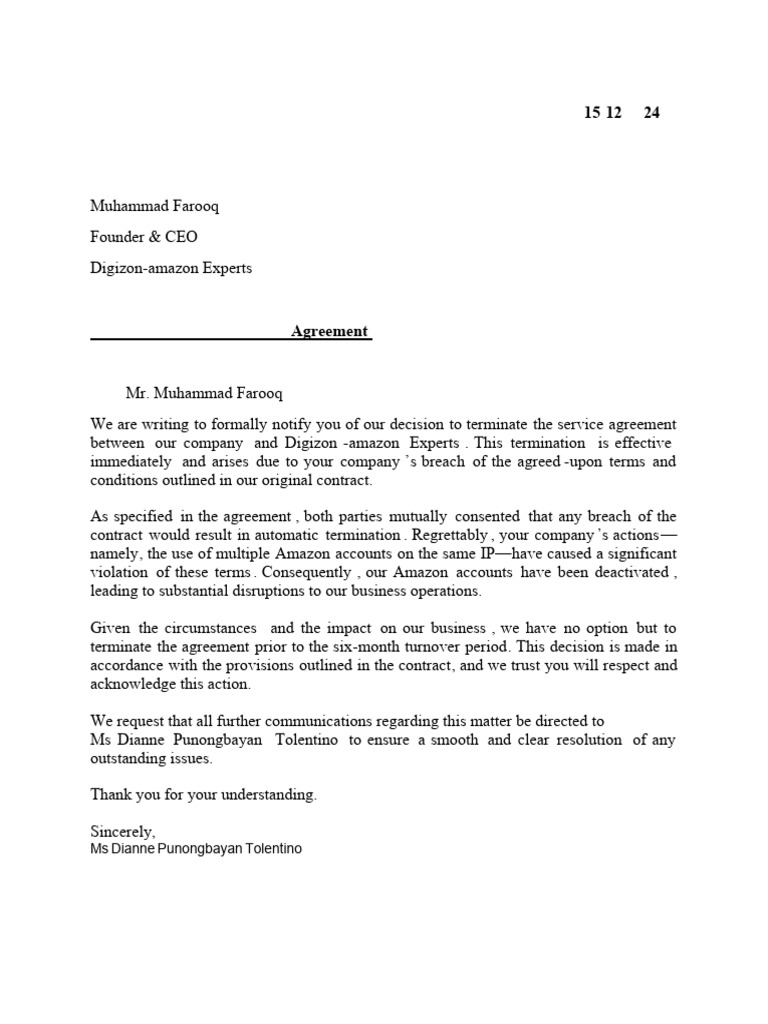 Service Termination Letter | PDF