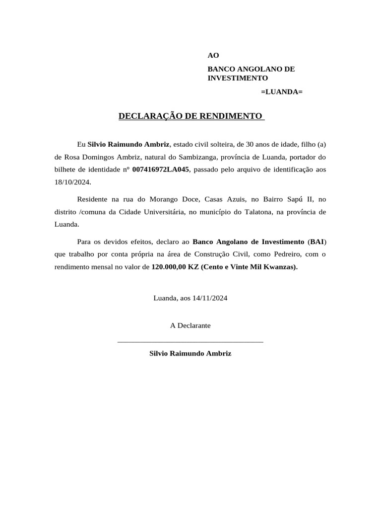 Declaração de Rendimento | PDF