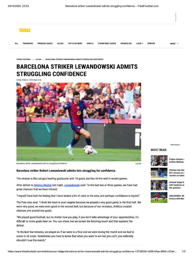 Barcelona striker Lewandowski admits struggling confidence | PDF
