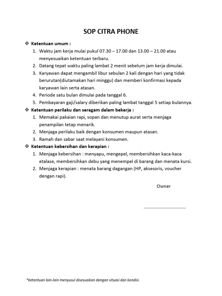 SOP dan Peraturan Konter HP Citra Phone | PDF