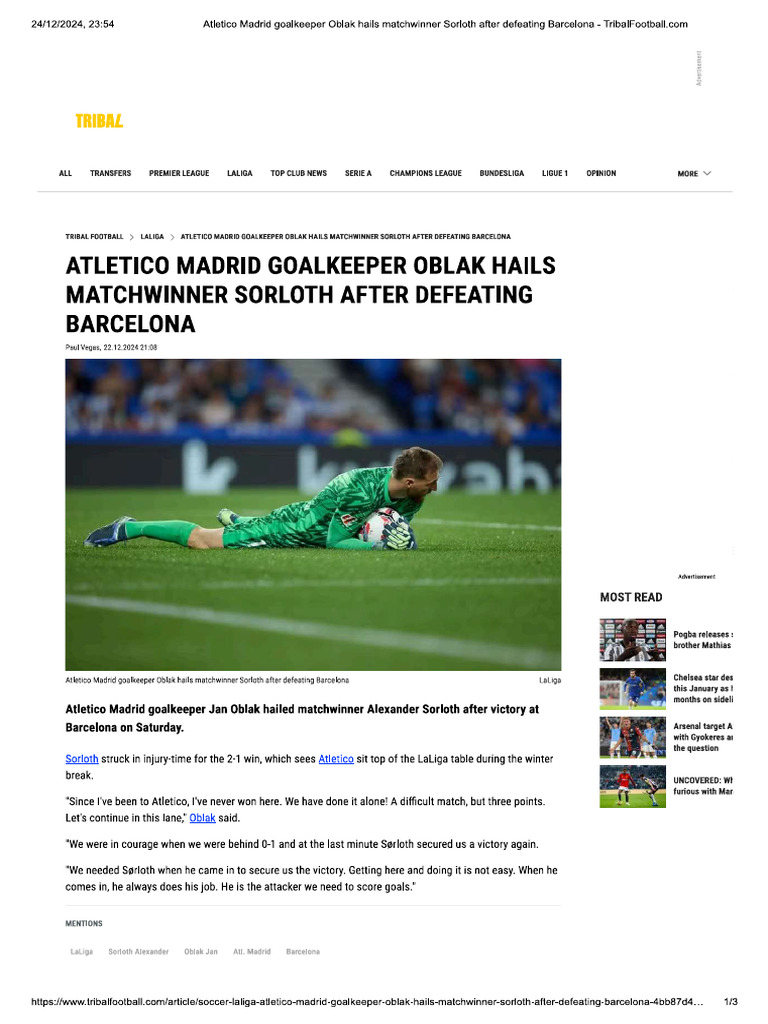 Oblak hails matchwinner Sorloth after defeating Barcelona | PDF