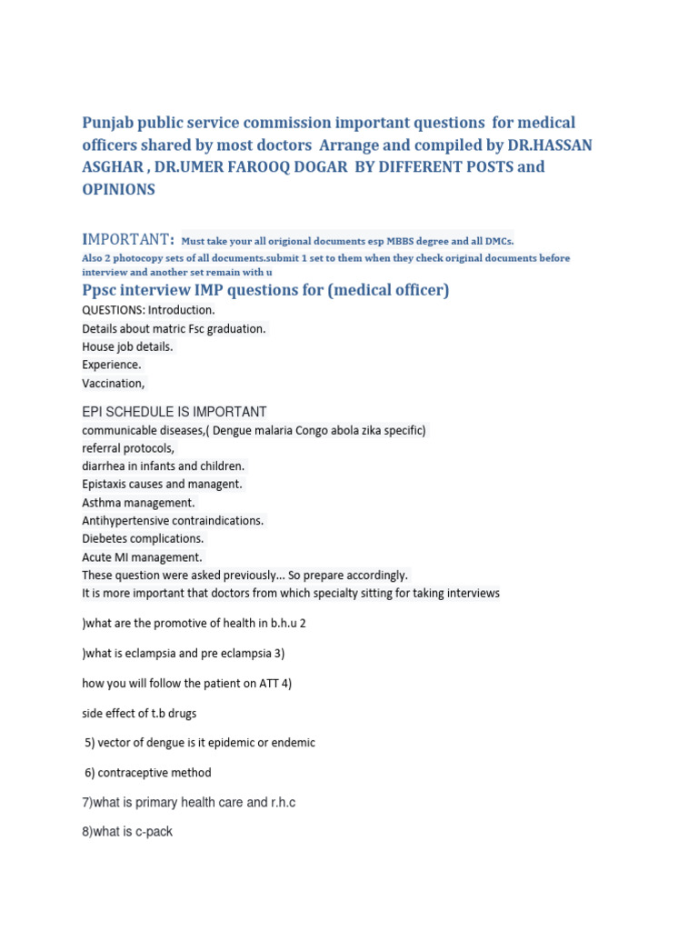 PPSC Medical Officer Interview Prep | PDF | Vaccines | Vaccination