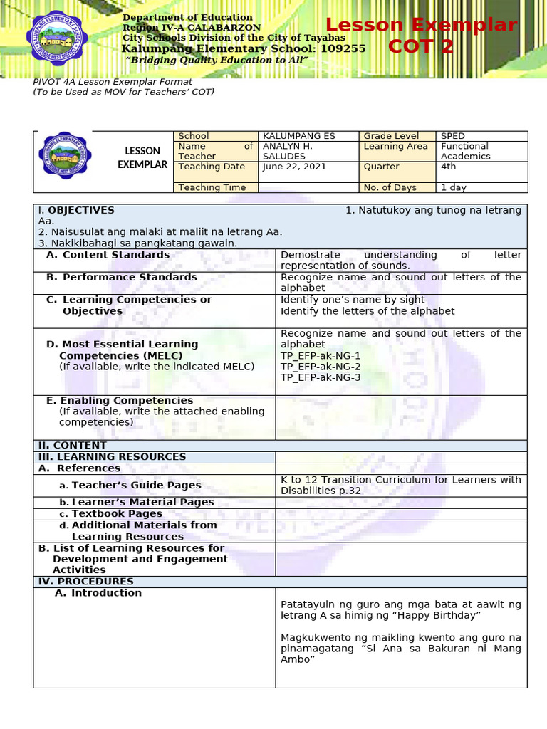 COT 2 LE in SPED AHS 4th Quarter SY 2020 2021 | PDF