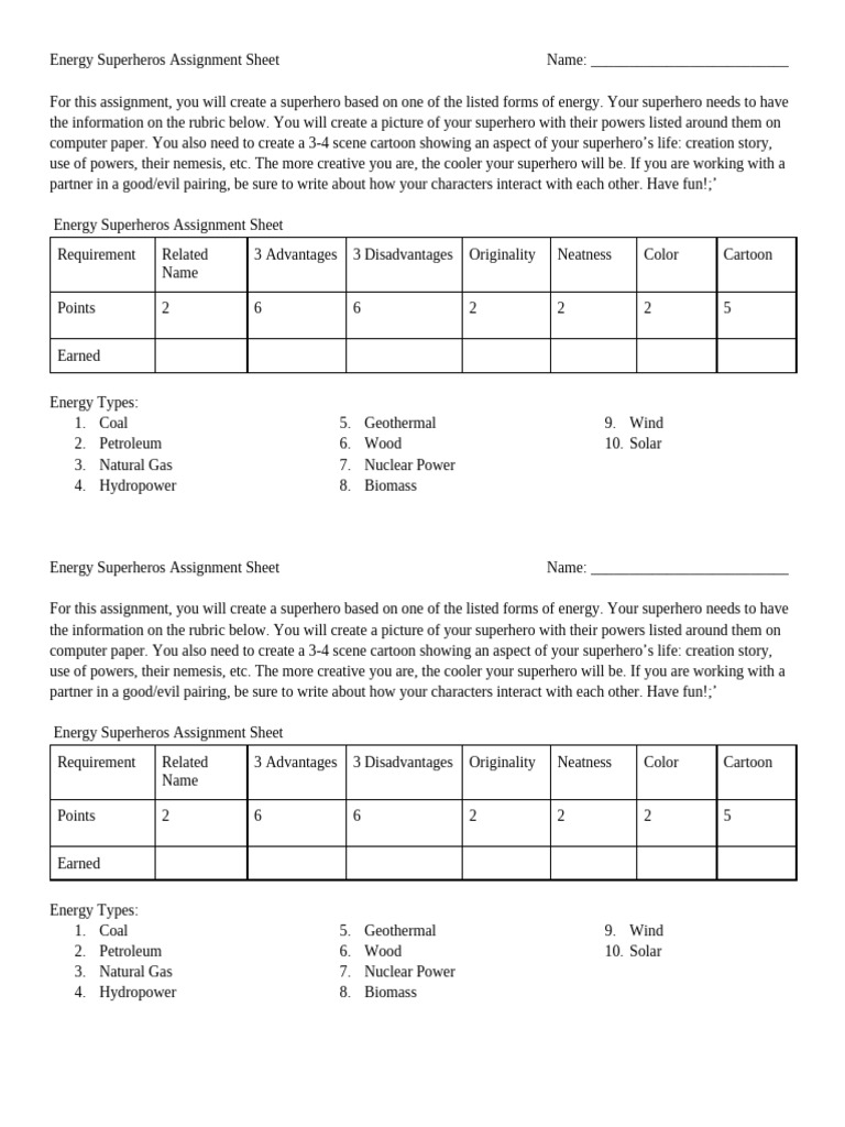 Energy Superheros Assignment Sheet | PDF | Power (Physics) | Climate Change Mitigation