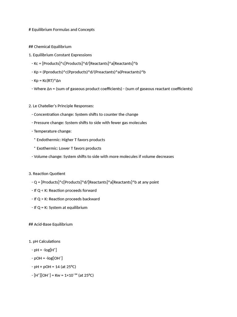 Equilibrium Formulas and Concepts | PDF | Chemical Equilibrium | Acid ...