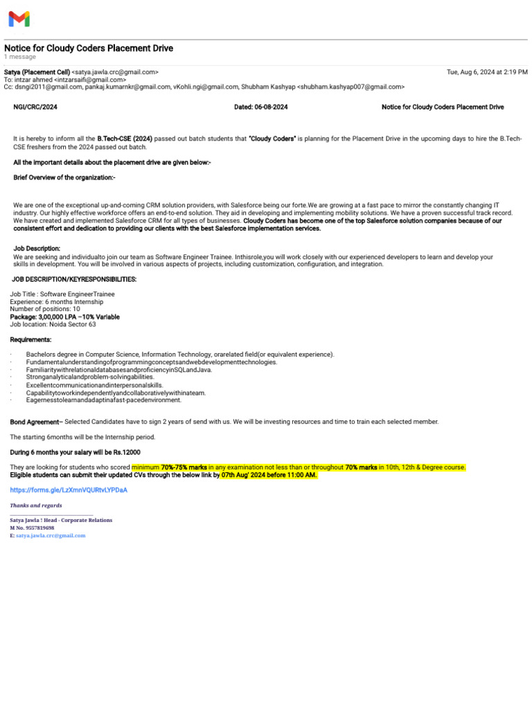 Cloudy Coders Placement Drive Notice | PDF | Programmer | Information ...