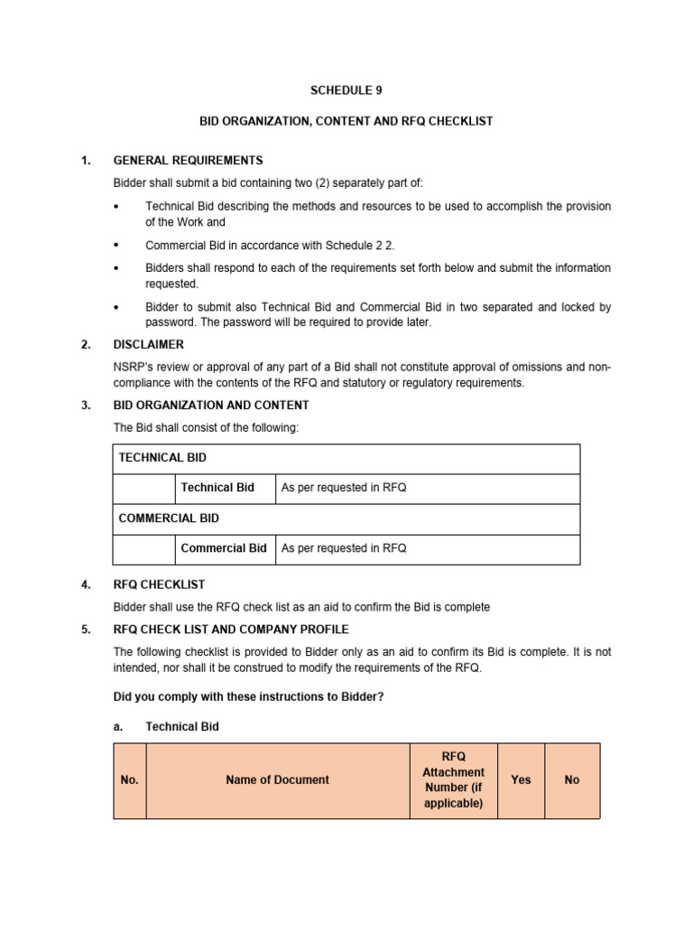 Schedule 9 - RFQ check list.docx | PDF | Specification (Technical Standard)