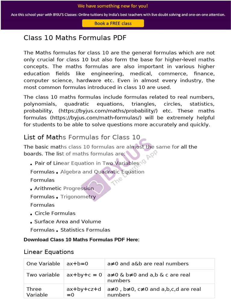 Maths Formulas For Class 10 PDF | PDF | Trigonometric Functions ...