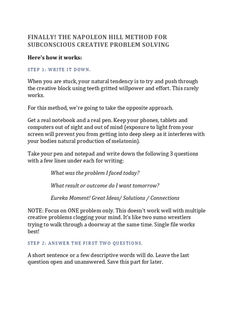 The Napoleon Hill & Joseph Murphy Method for Subconscious Creative Problem Solving | PDF | Mind ...