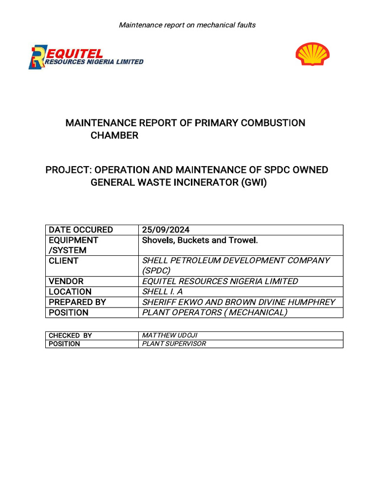 Maintenance Report of Primary Combustion Chamber | PDF