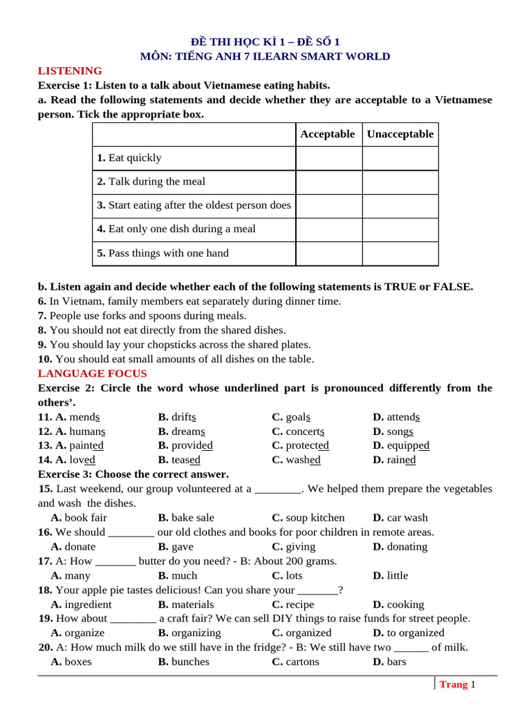De Thi Hoc Ki 1 Tieng Anh 7 Ilearn Smart World de So 1 | PDF | Cuisine | Foods