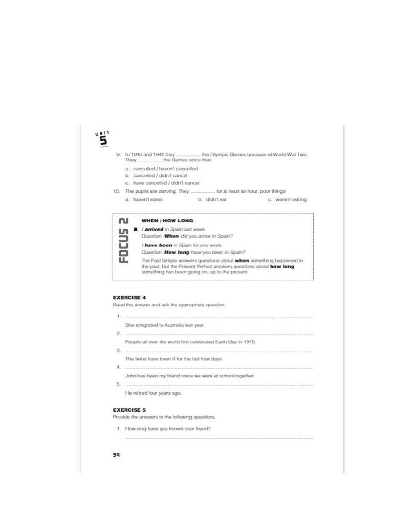 Grammar in Focus Unit 5 Present Perfect Past Simple How Long Vs When Ex Ef | PDF