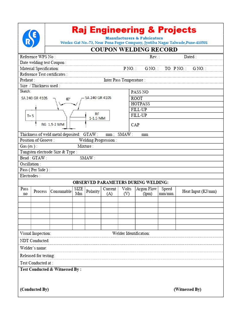 Coupon Welding Record -2 NOS | PDF