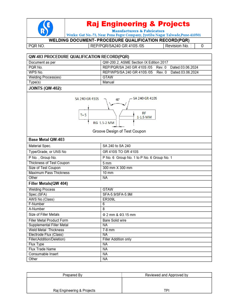 Welding PQR for SA240 GR 410S by Raj Engineering | PDF | Materials ...