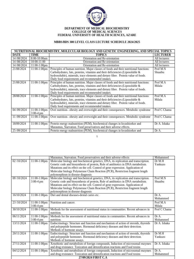 300L MBBS-BDS 2024-2025 Medical Biochemistry Fuhsa Lecture Schedule ...