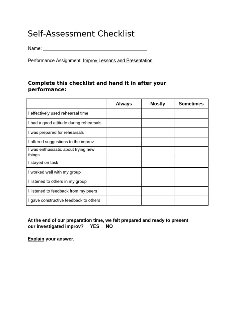 Improv Reflection Self Assessment Checklist WORD | PDF