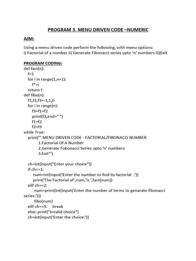 Program 3. Menu Driven Code - Numeric Aim | PDF