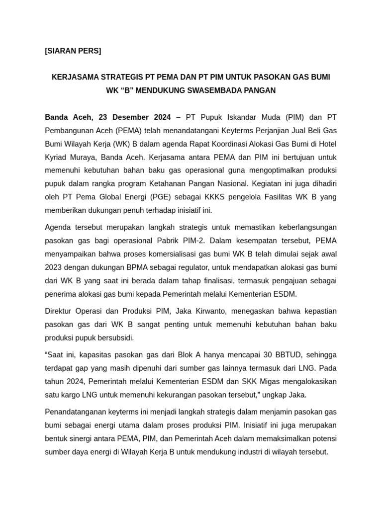 Kerjasama Gas PT PEMA & PIM 2024 | PDF