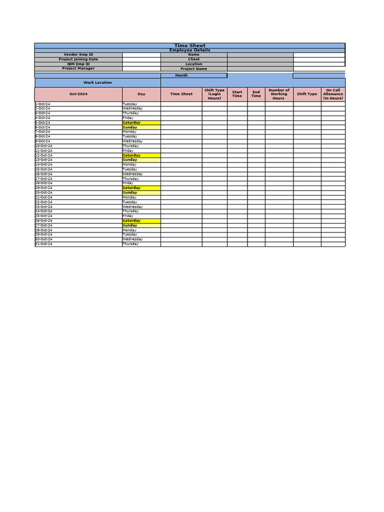 Timesheet Format Oct'24 | PDF