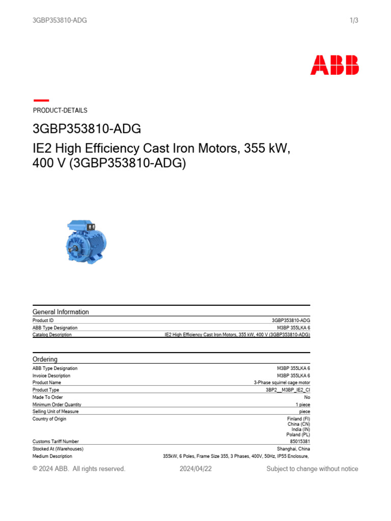 3GBP353810-ADG 355KW Foot | PDF | Electric Motor | Alternating Current