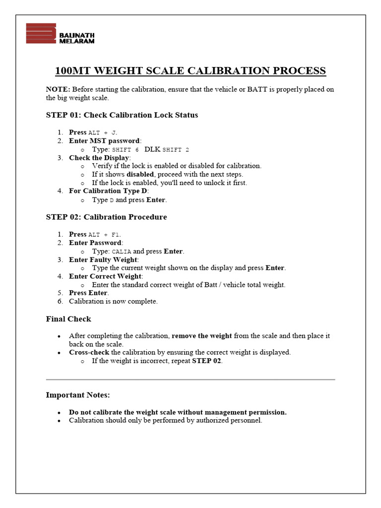 100MT Weight Scale Calibration Guide | PDF