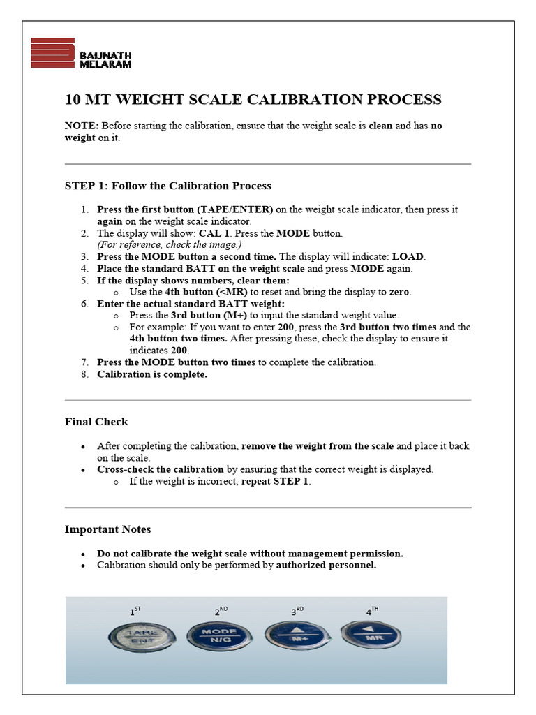10 MT Weight Scale Calibration Process | PDF