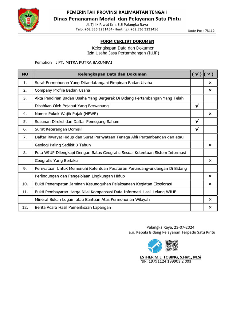 Form Ceklist Dokumen Persyaratan IUJP PT MITRA PUTRA BAKUMPAI | PDF