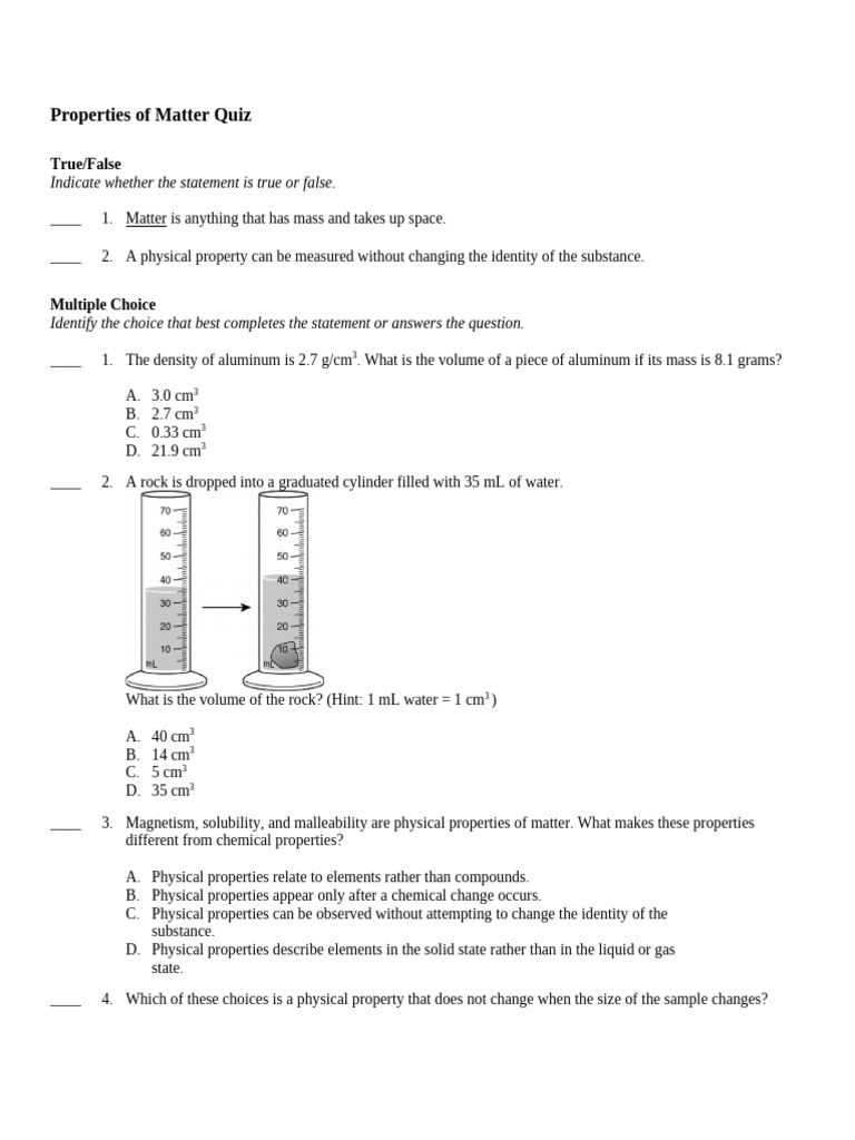 Properties of Matter Quiz | PDF | Chemical Substances | Density