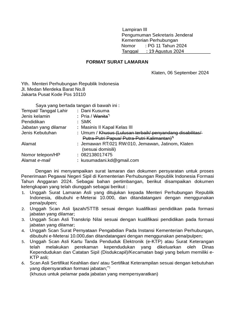 Format Surat Lamaran 2024 | PDF