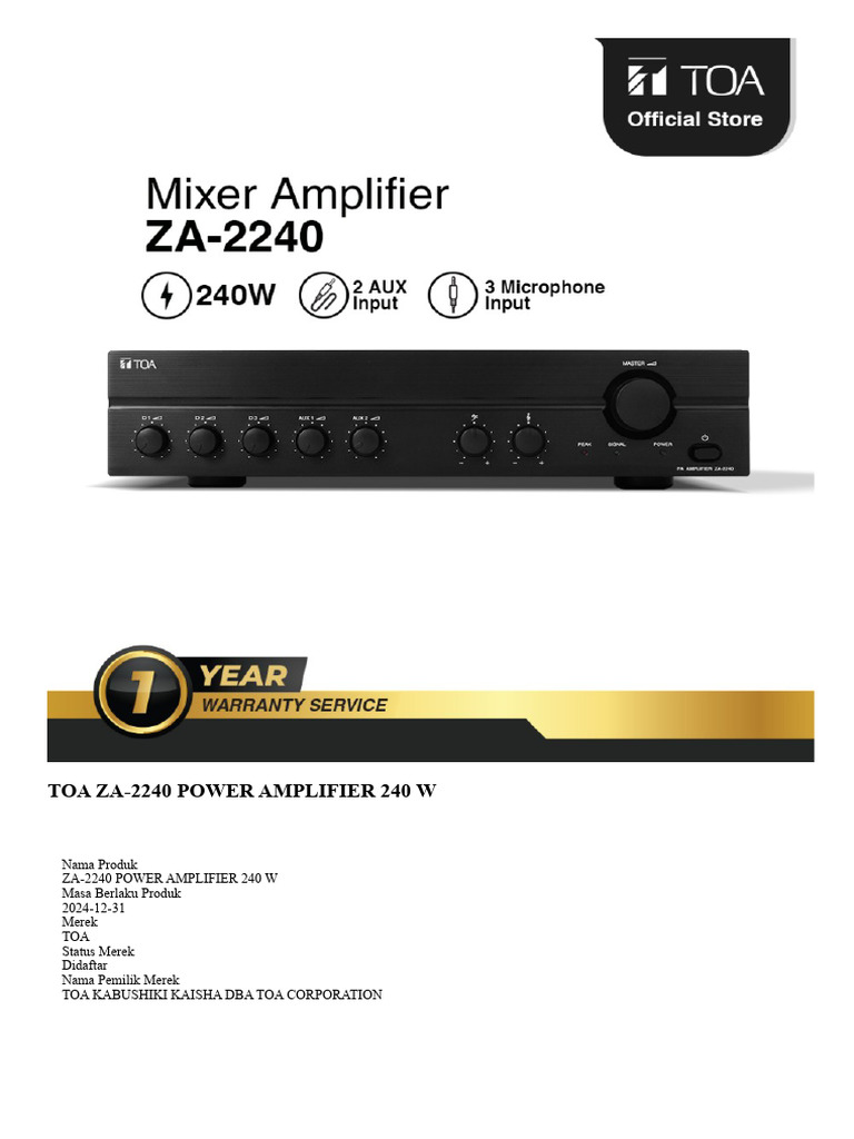TOA ZA-2240 Power Amplifier Specs | PDF