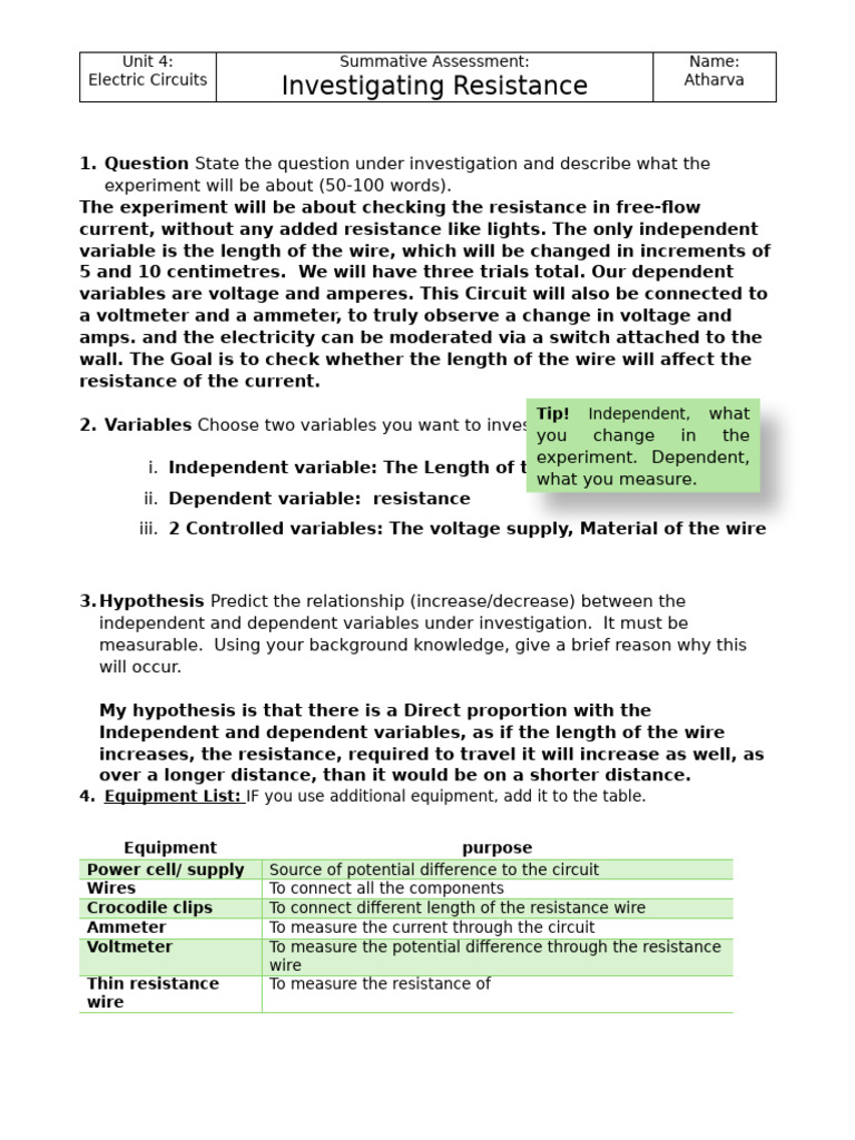 Summative Assessment - Resistance Investigation | PDF | Electrical ...