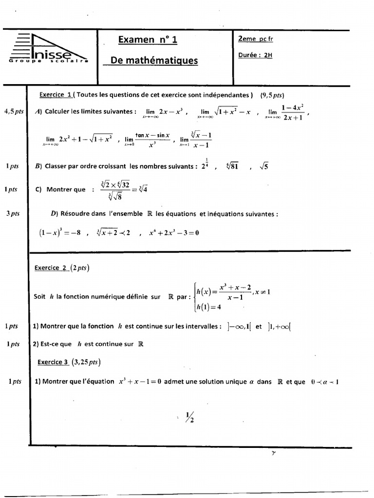 Devoir 1 Maths 2bac Sciences Physiques BIOF 1er Se - 241102 - 193458 | PDF